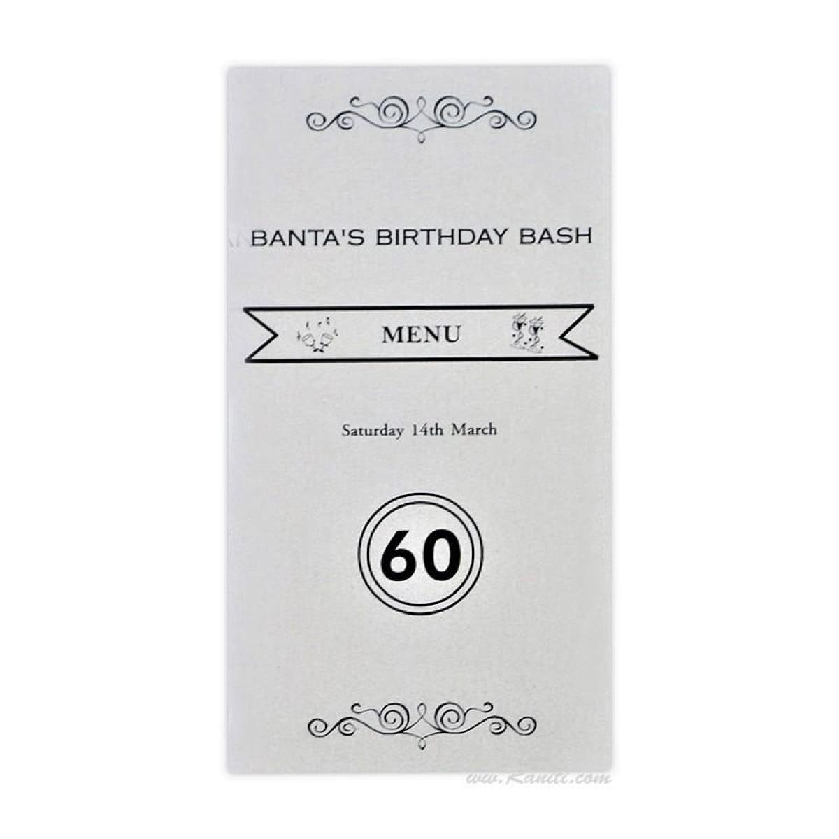 White folded black 60th Birthday Dinner Menu Card | White Folded Menu ...